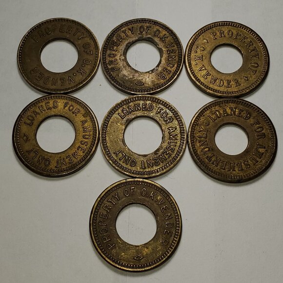 O.K.VENDER | Other | Vintage Amusement Machine Tokens Solid Brass 92s ...